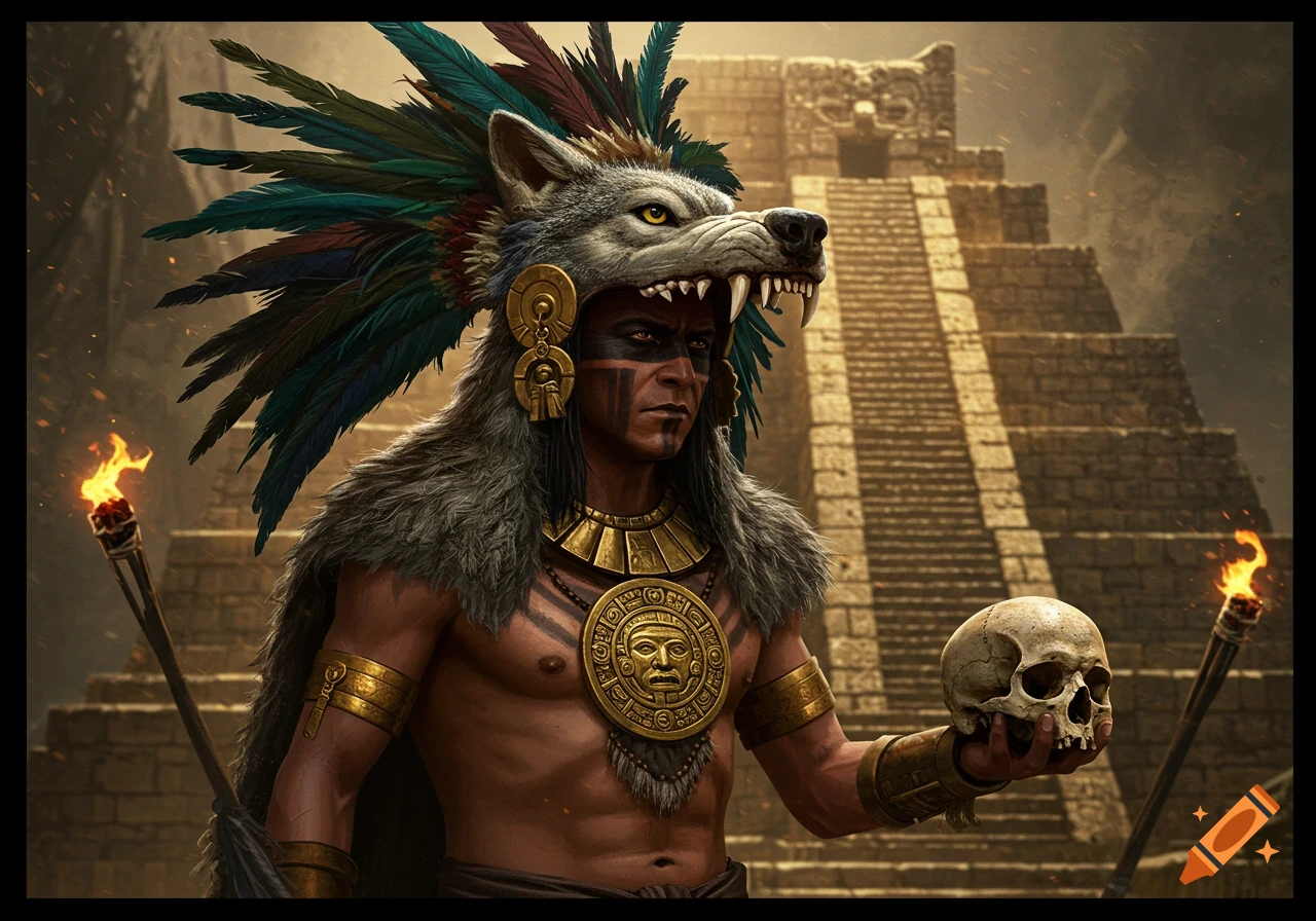 Three Mayan priests with torches ascend the steps of a stone temple at ...