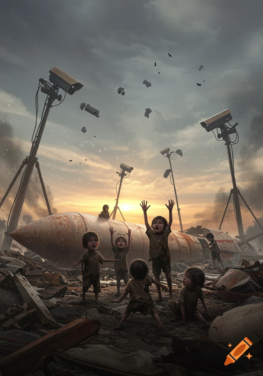 Children reach out amidst a ruined, post-apocalyptic wasteland with a ...