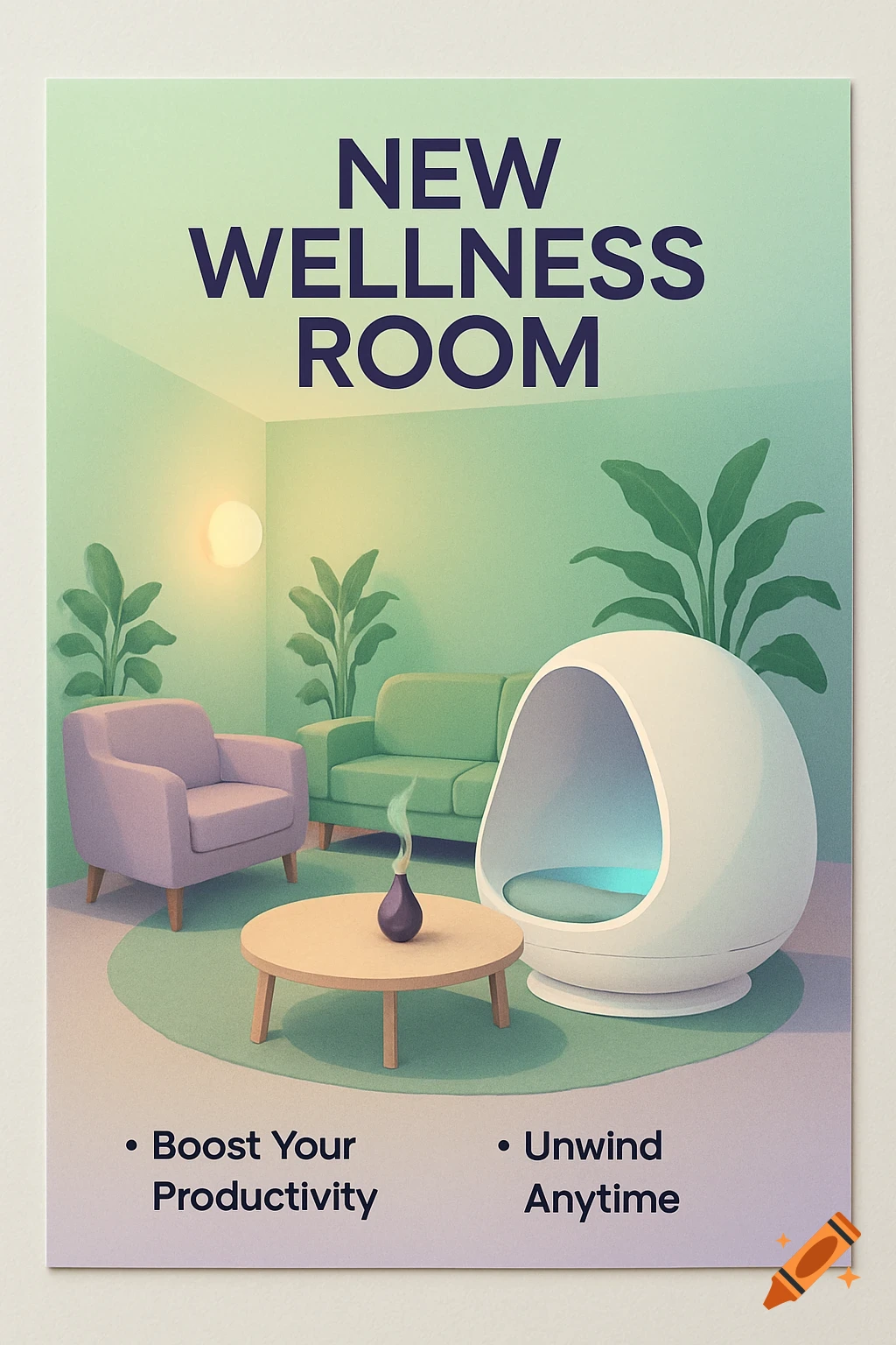 A stylized flyer illustration of a modern wellness room with a lavender ...