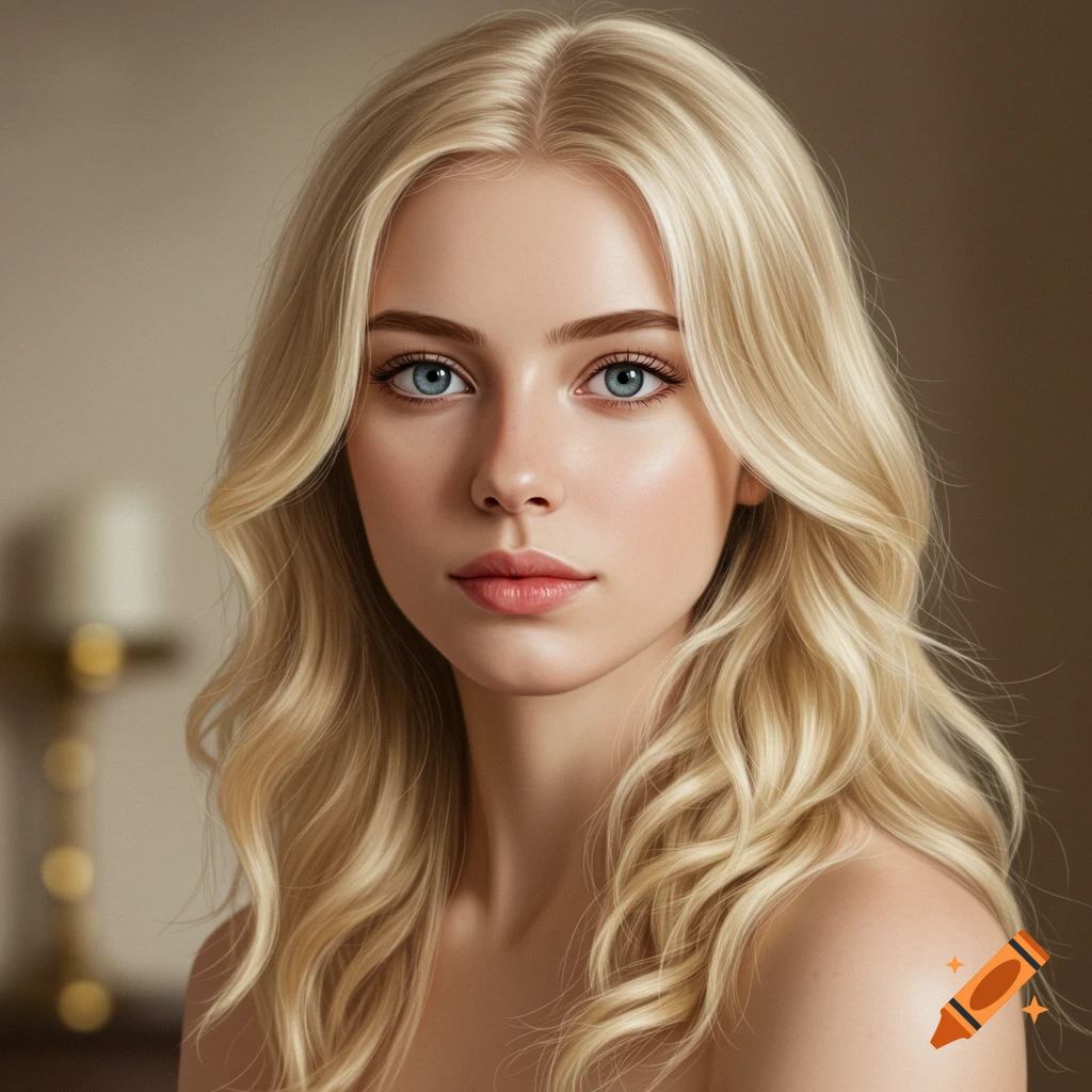 A close-up photorealistic portrait of a young woman with long blonde ...