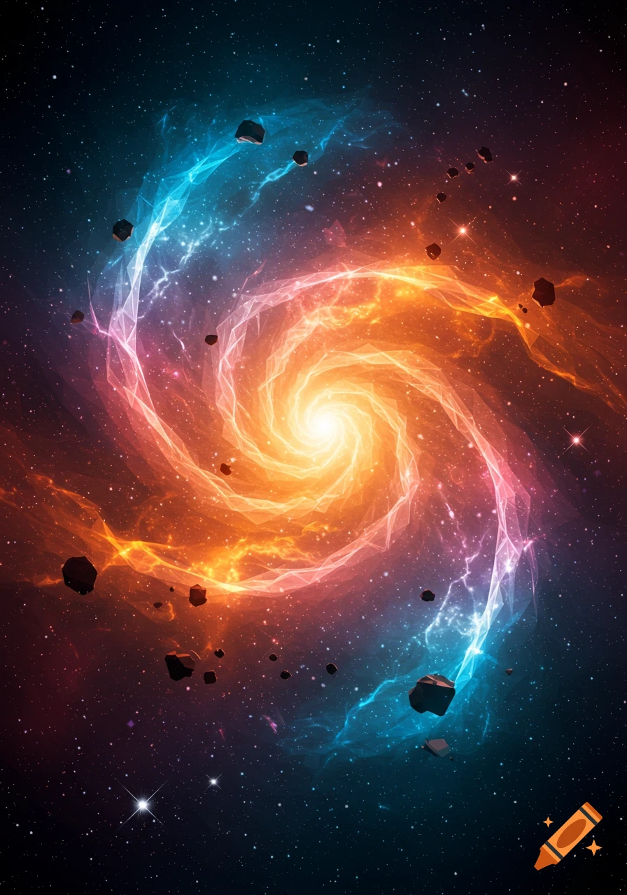 Vibrant galaxy with a bright core, swirling pink and blue nebulae ...