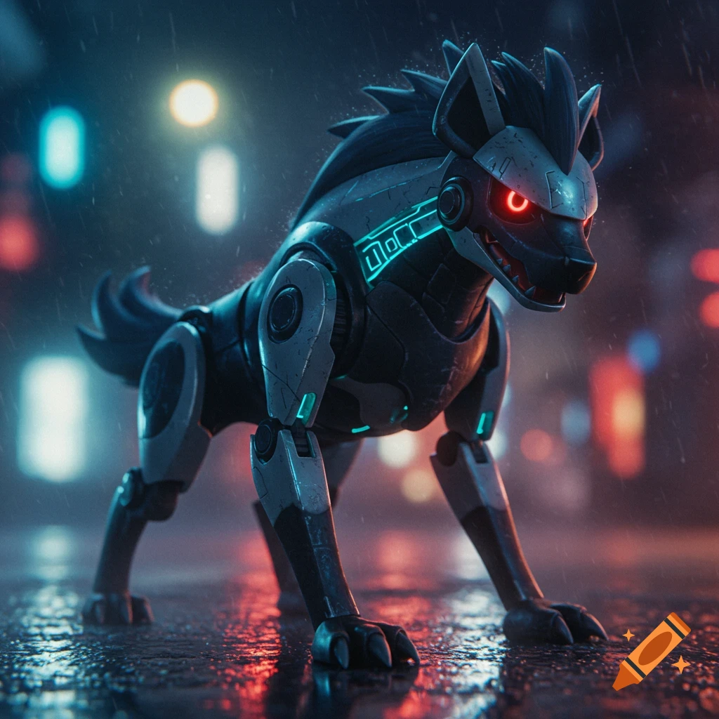 A gold and silver robotic fox with glowing blue eyes and nine tails ...