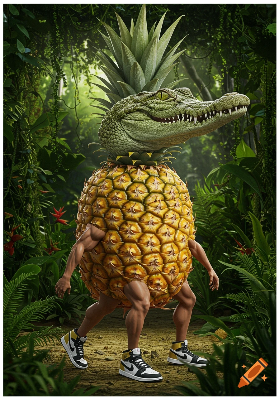 A photorealistic image of a pineapple with a crocodile head, human arms ...