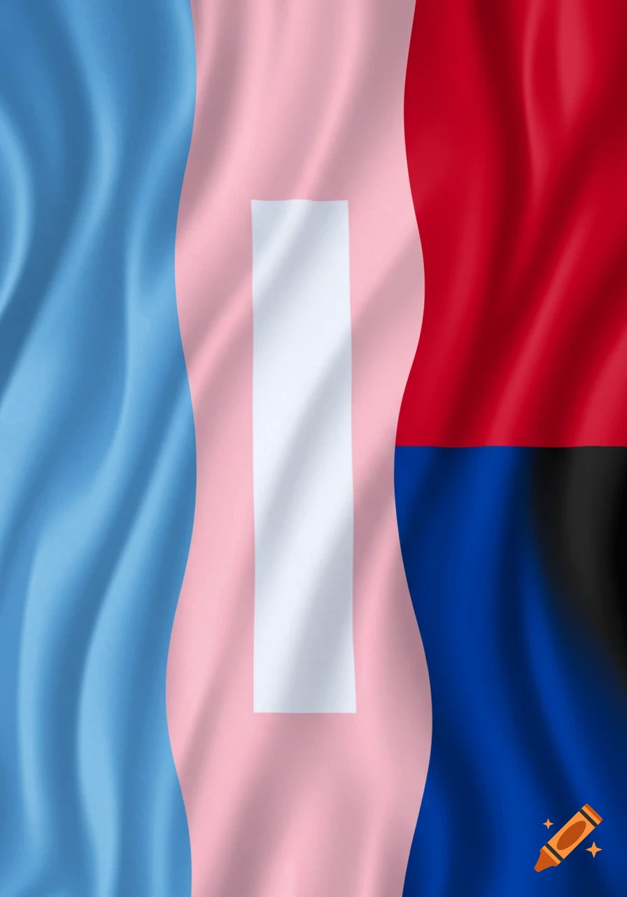 A waving flag with vertical sections of light blue, pink with a white ...