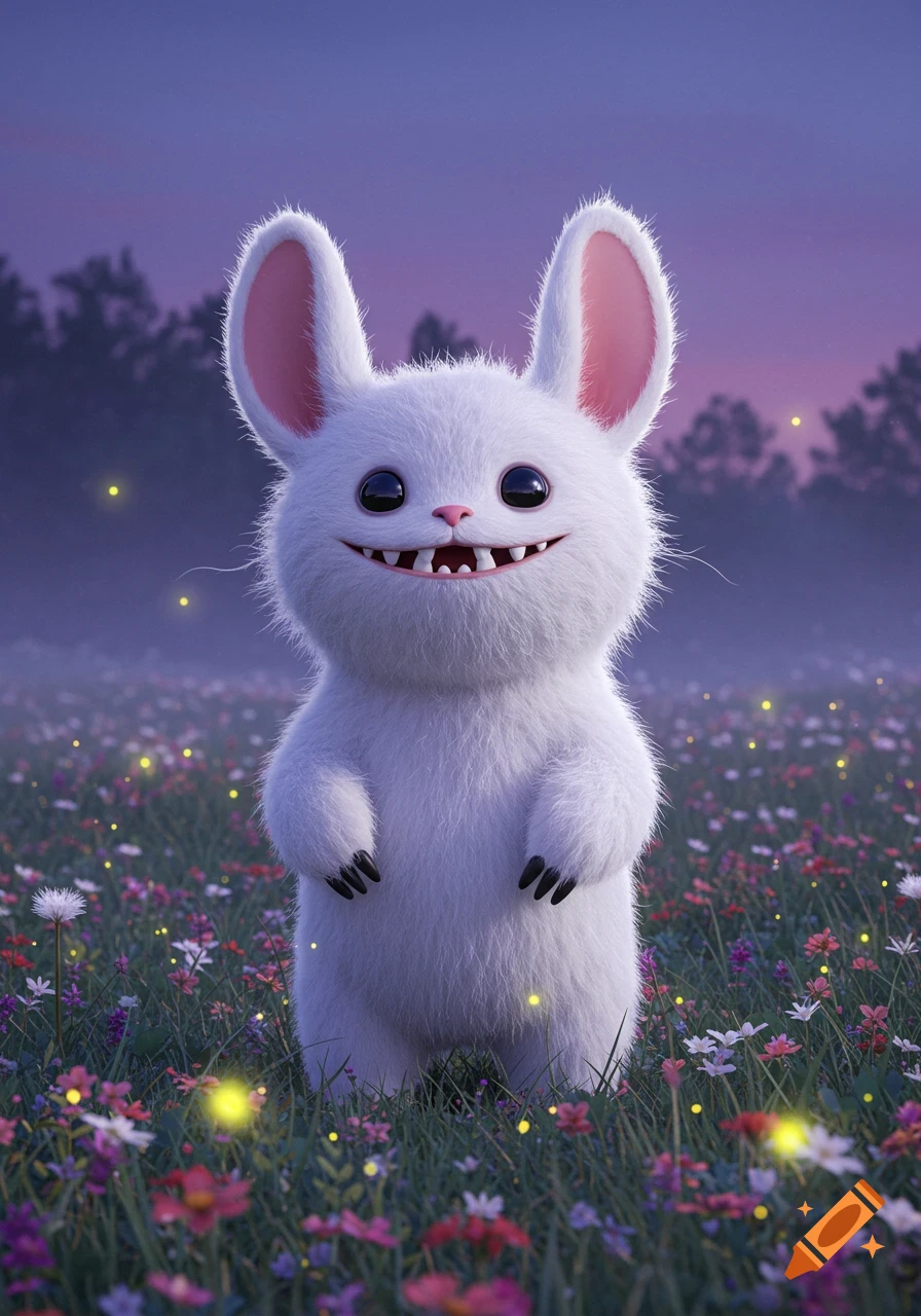 A cute, fluffy pink creature with large eyes stands on a sparkling pink ...