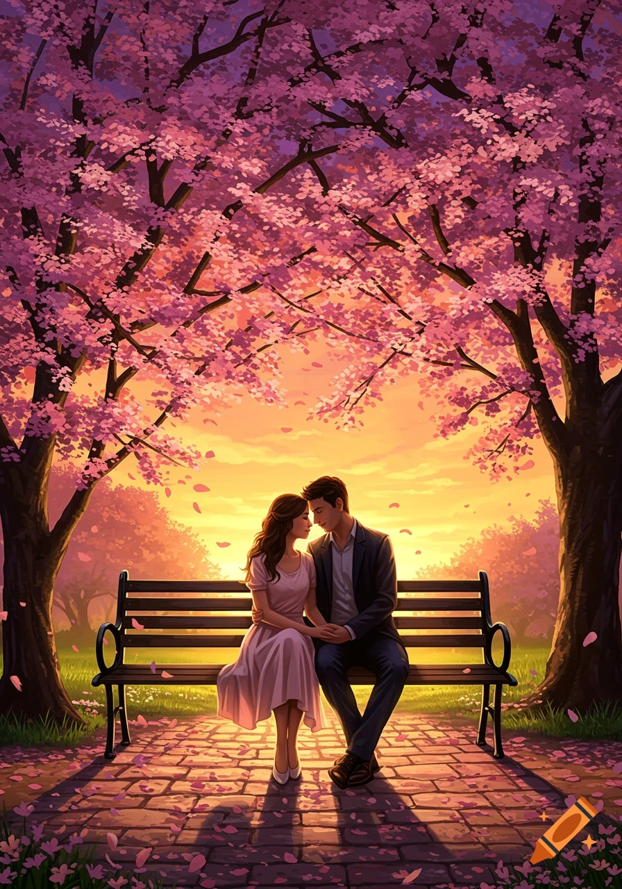 An illustrated couple kisses on a moonlit bridge overlooking a glowing ...