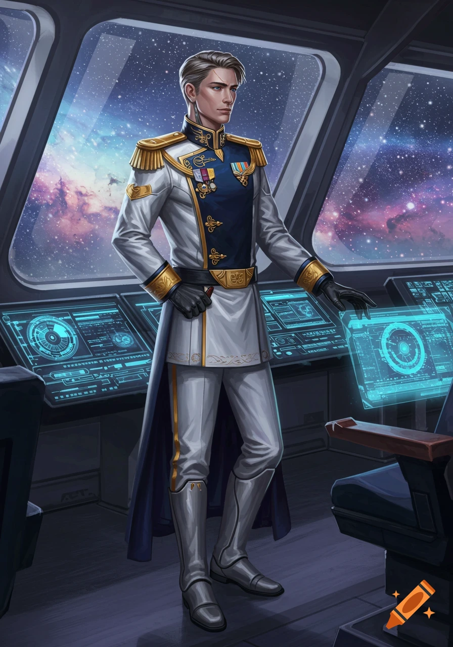 A man in an ornate white and blue futuristic naval uniform stands on a ...