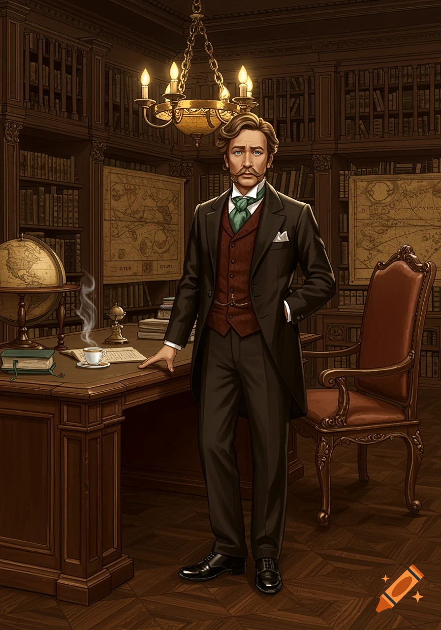 Photorealistic portrait of a stern man with a mustache in a black suit ...