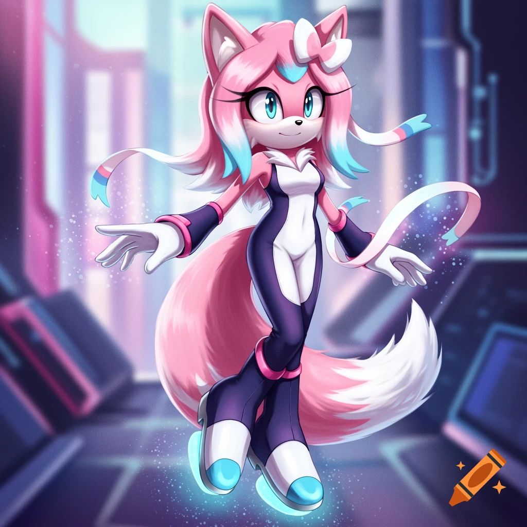 An anthropomorphic pink fox character in a Sonic style, with blue hair ...