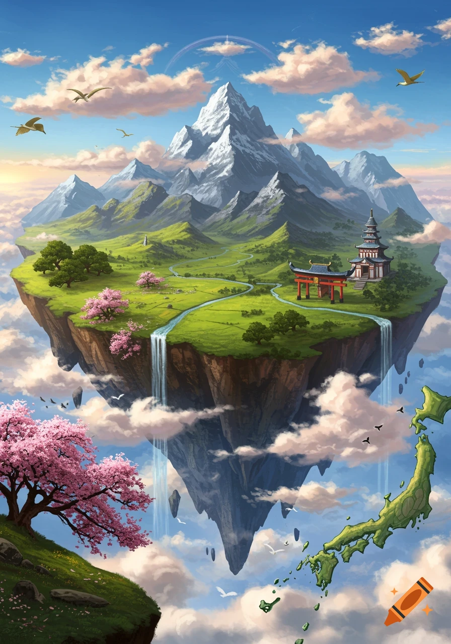 Vibrant anime-style landscape featuring snow-capped mountains, a ...