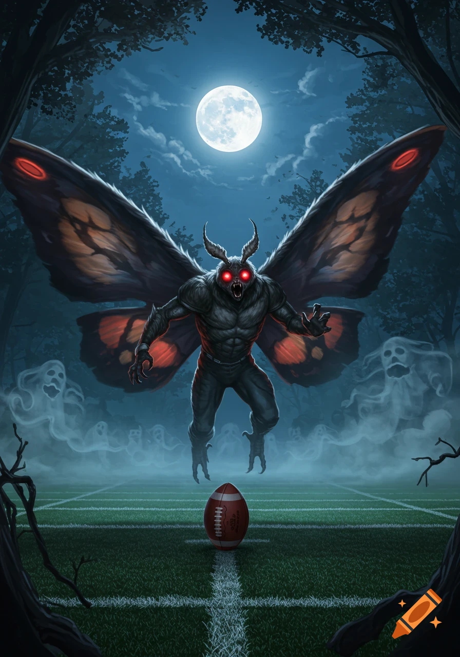 Mothman, a large winged monster with red eyes, hovers above a football ...