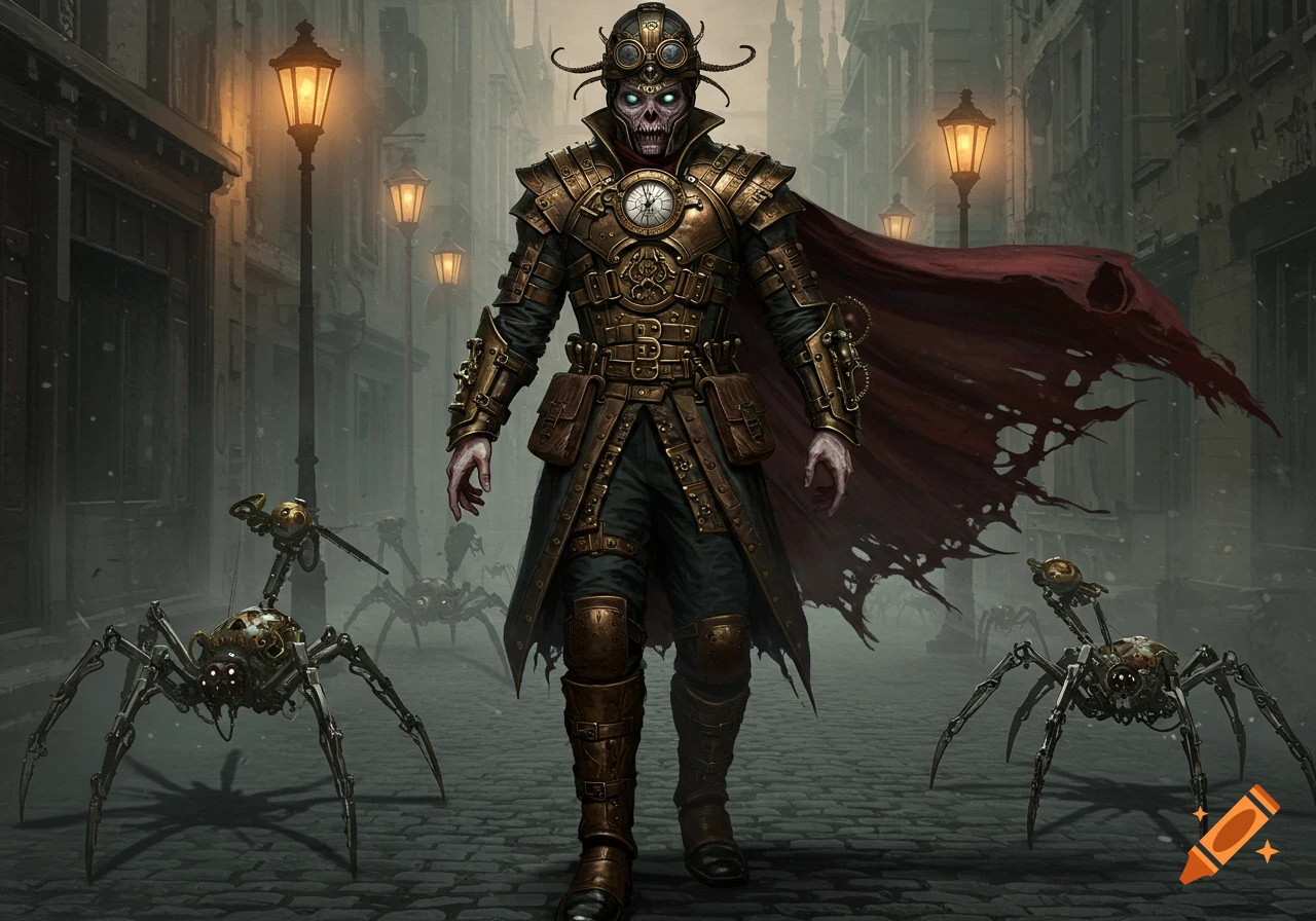 A steampunk zombie-like figure in ornate armor and a tattered red cape ...