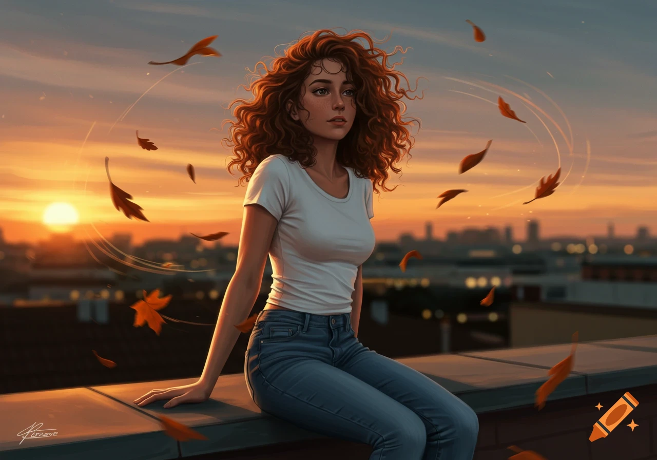 A young woman with curly red hair sits on a rooftop ledge at sunset ...