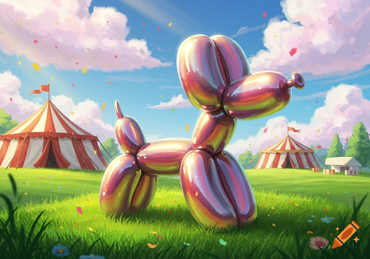 A shiny, iridescent balloon dog stands in a grassy field with red and ...