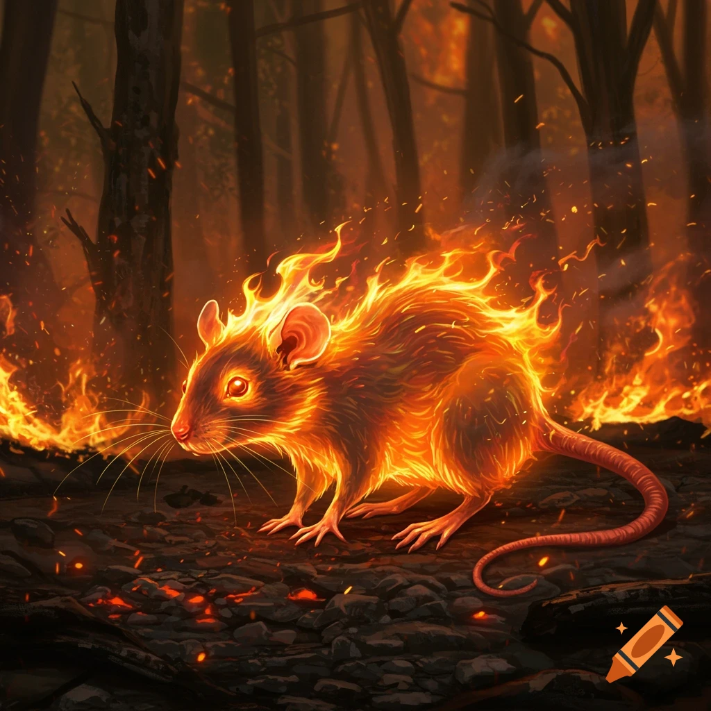 A bright orange and yellow fire elemental rat with glowing eyes stands ...
