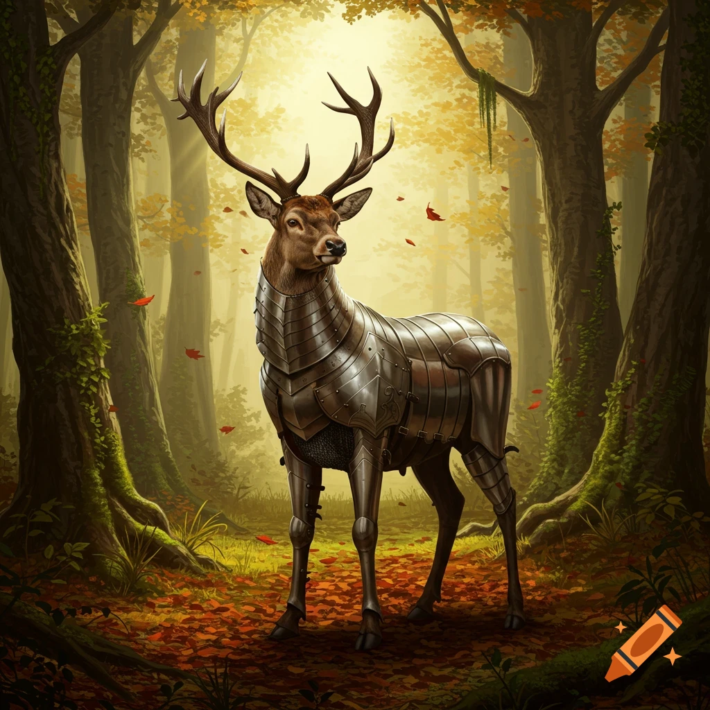 A majestic deer adorned in full medieval plate armor stands in a sun ...