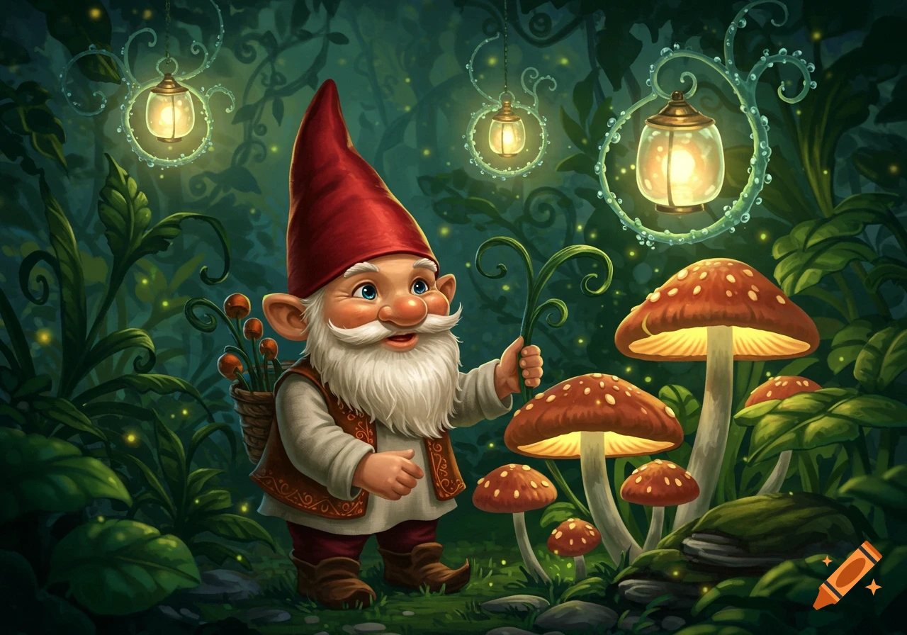 A smiling cartoon gnome with a red pointy hat walks through a sun ...