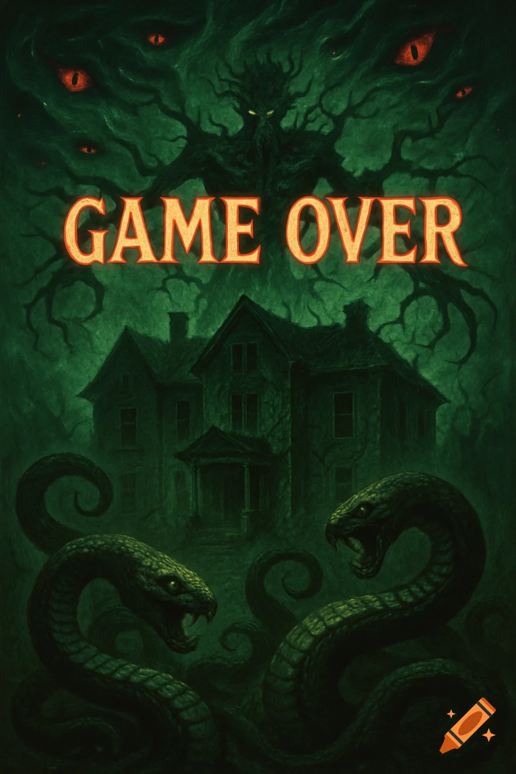 A dark, eerie scene with glowing orange 'GAME OVER' text above a ...