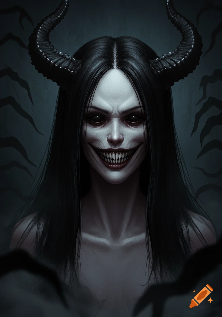 Close-up portrait of a scary female demon with horns, pale skin, black eyes, long black hair ...