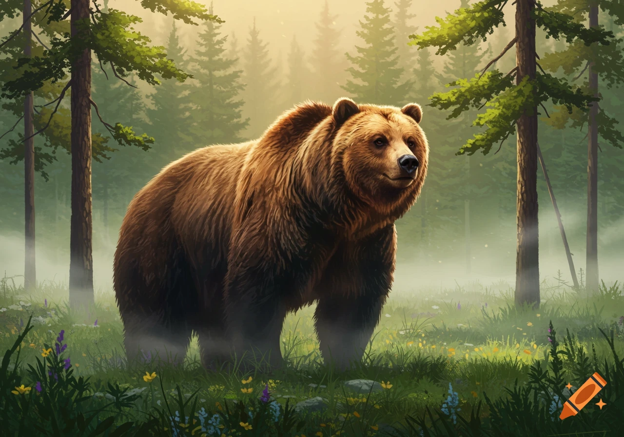 A brown bear wearing a plaid hat sits in a sun-dappled forest among ...