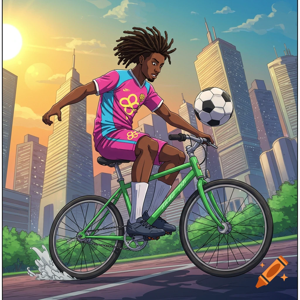 A dark-skinned soccer player with dreadlocks, wearing a pink and blue ...