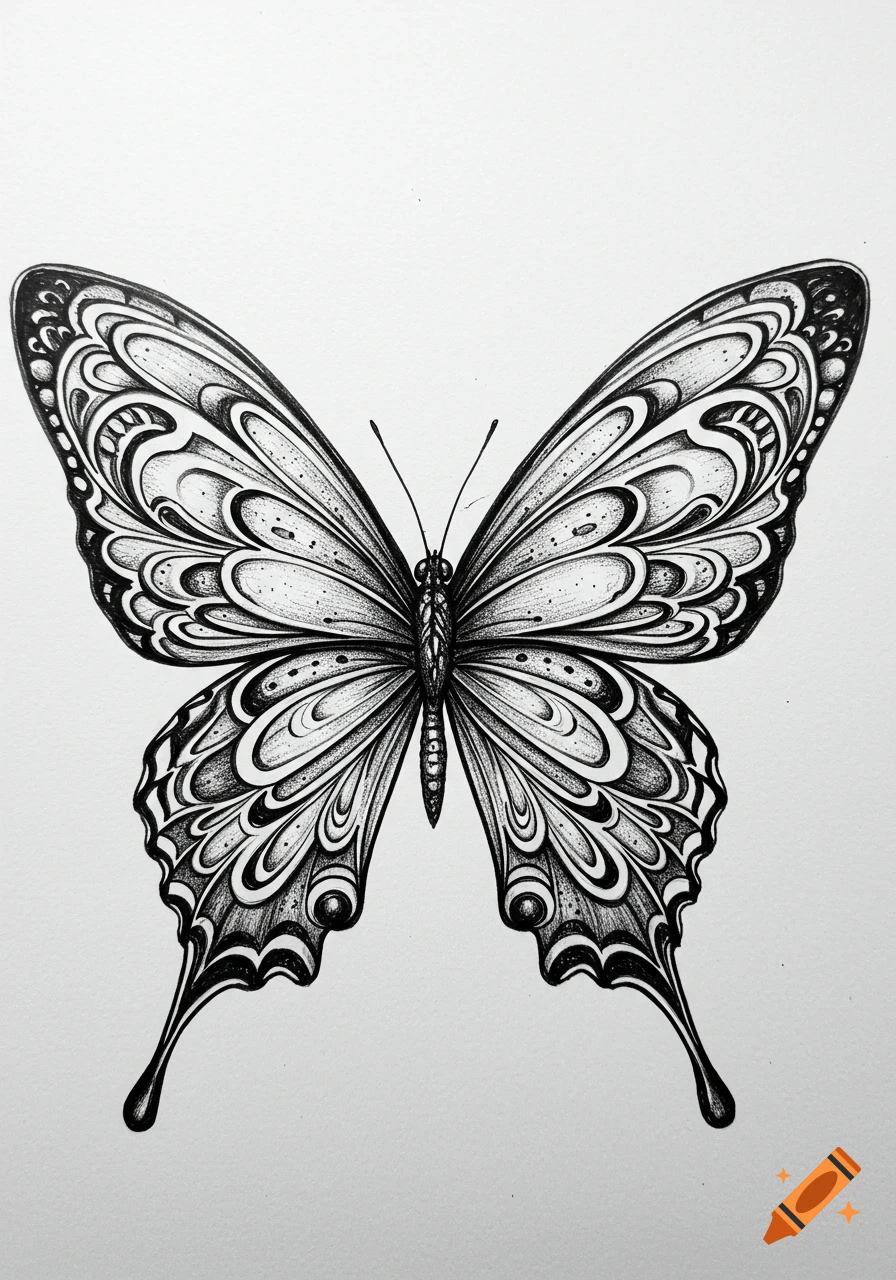 Detailed black and white drawing of a butterfly with intricate patterns ...