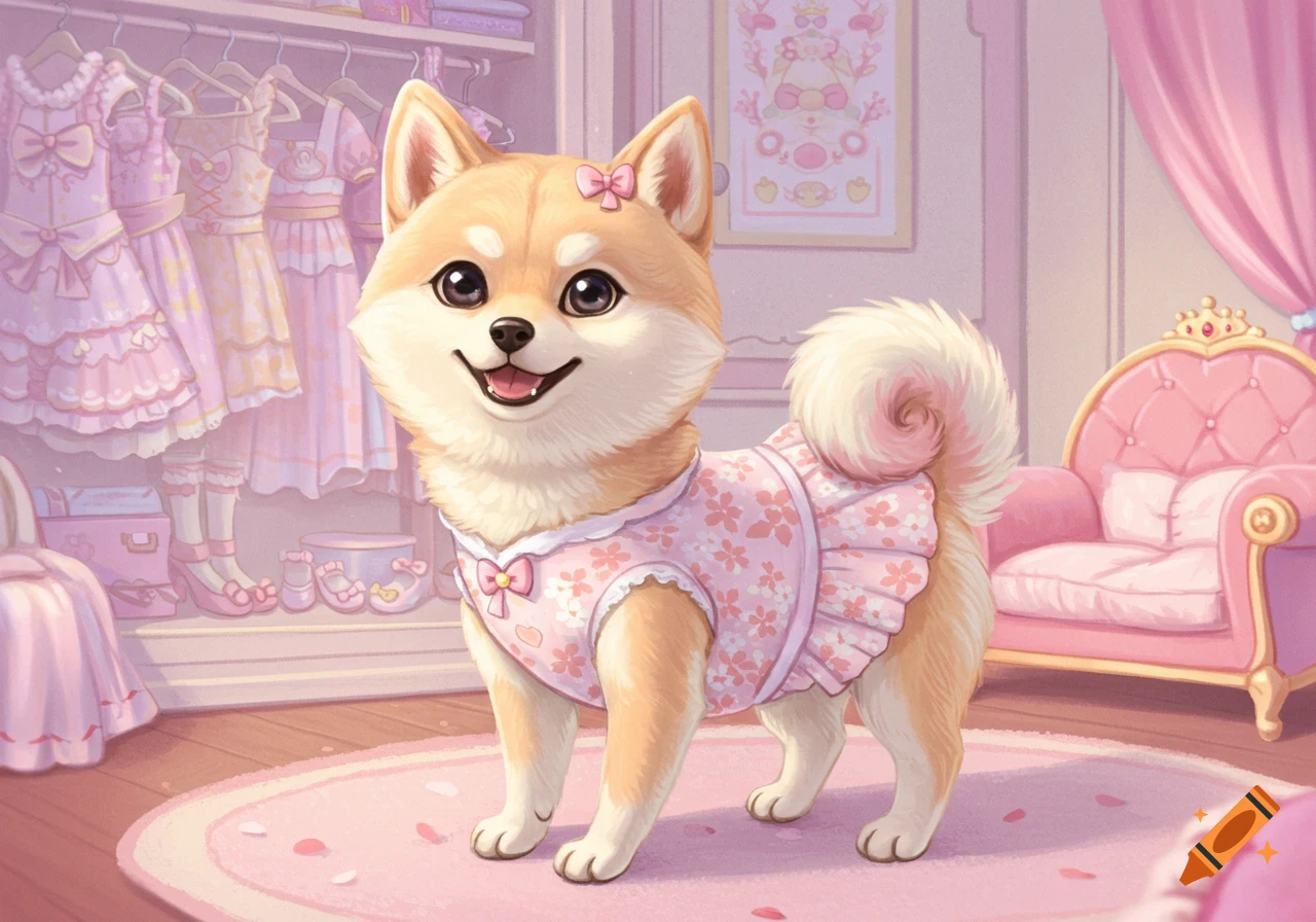 A cute Shiba Inu dog wears a pink floral dress and a pink bow, standing ...