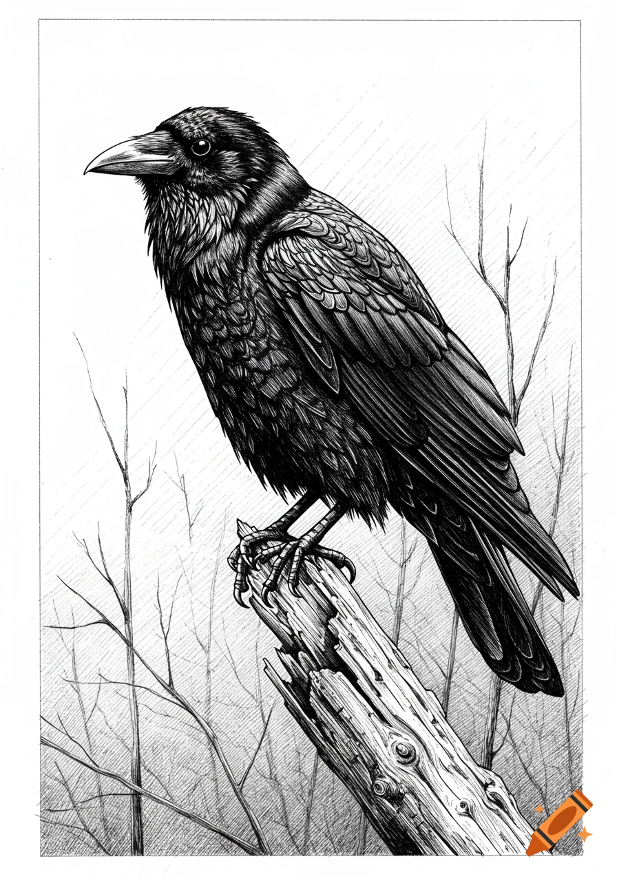 A detailed black and white pen and ink drawing of a crow perched on a ...