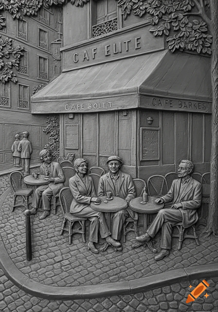 Black and white bas-relief sculpture of people at a cafe, showing ...