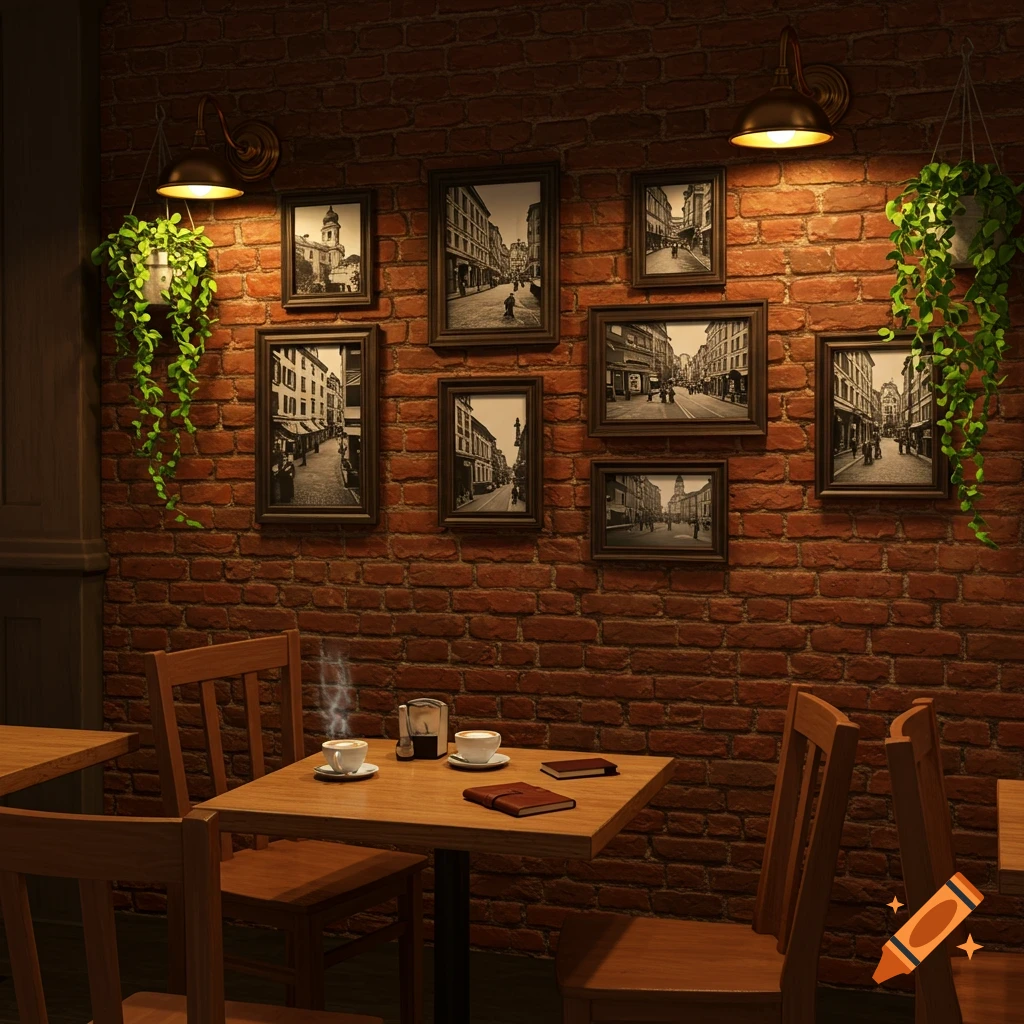 A photorealistic cafe interior with a brick wall, framed black and ...