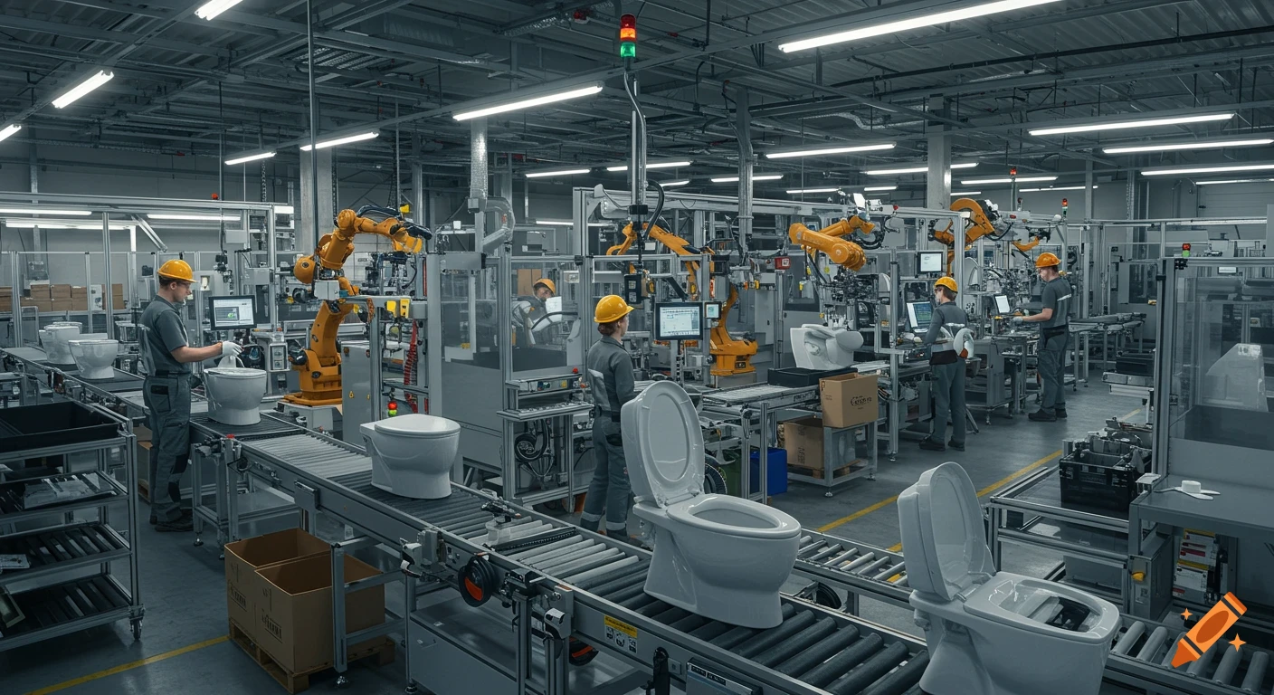A robotic arm works on a conveyor belt filled with cookies in a modern ...