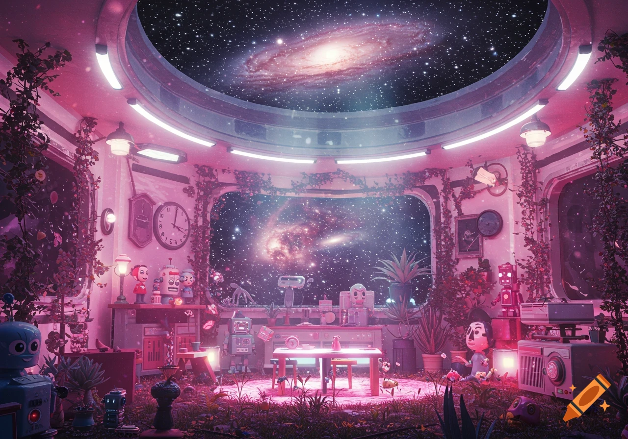A futuristic playroom in a space station with plants and robot ...