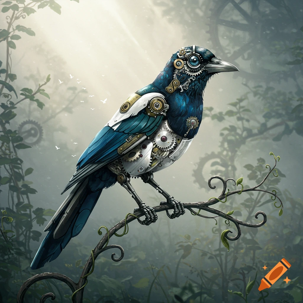 A steampunk-style magpie bird, composed of gears and metal, perched on ...