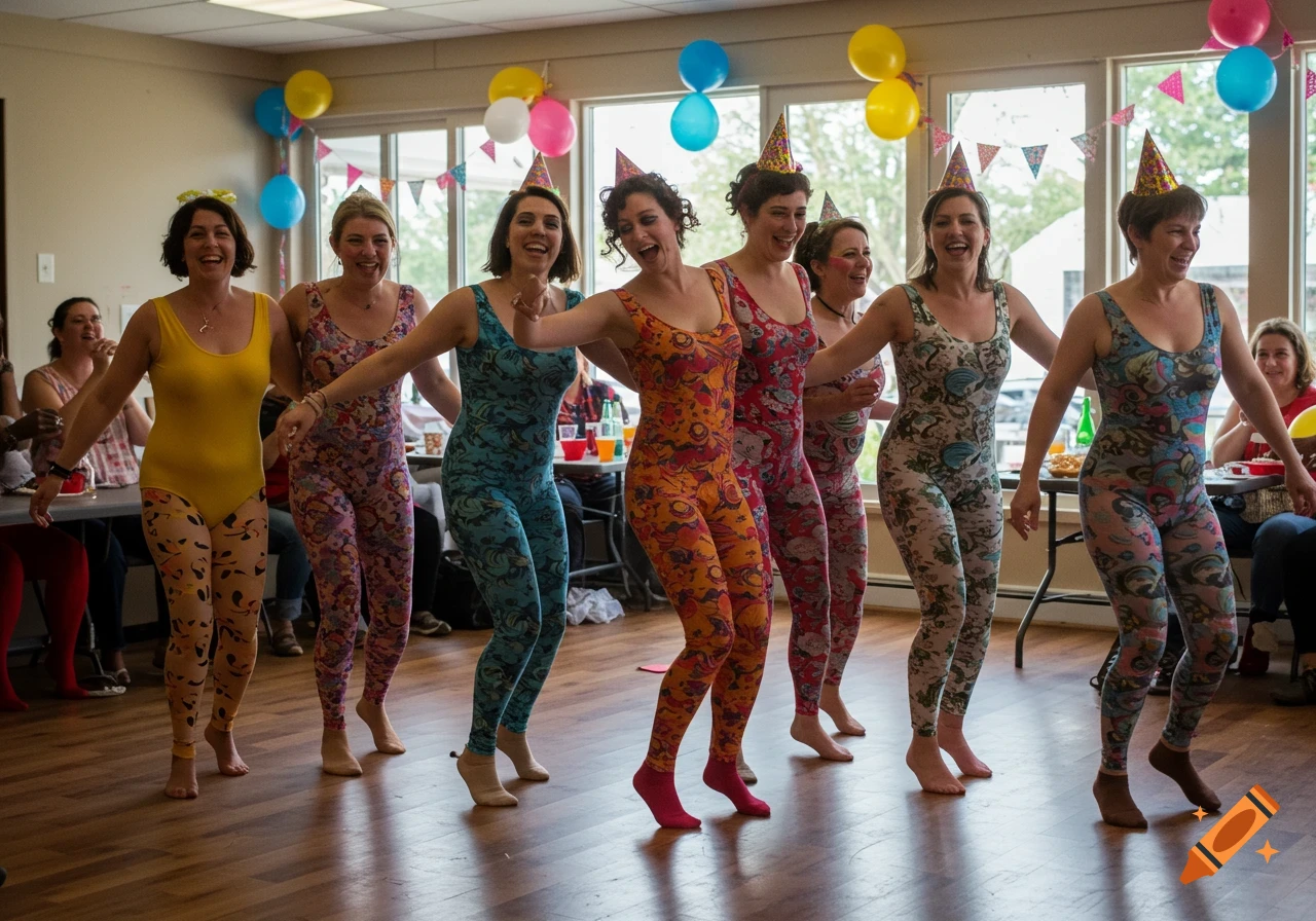 A group of cheerful women in colorful, patterned full-body leotards and party hats dance ...