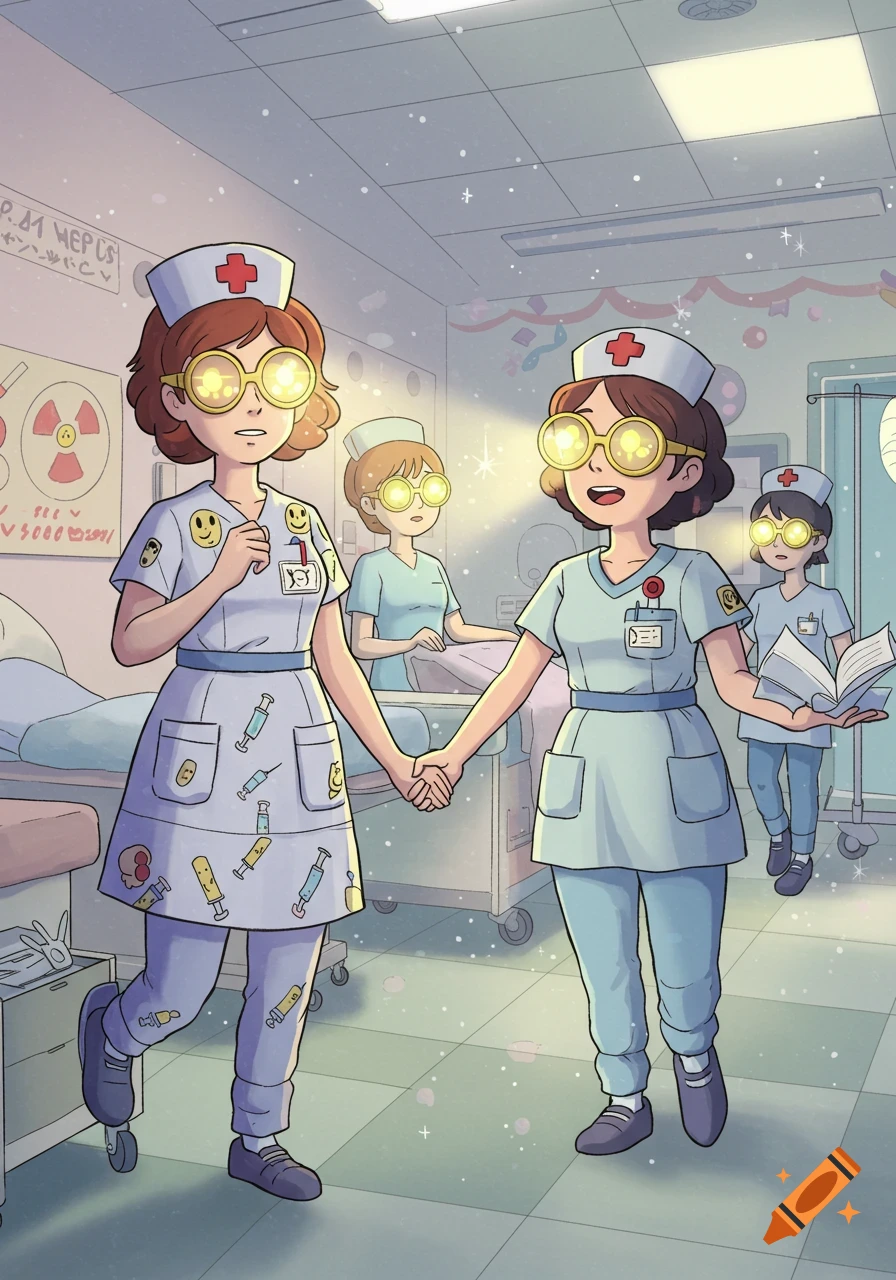 Two cartoon nurses with glowing yellow cyclops goggles hold hands in a ...