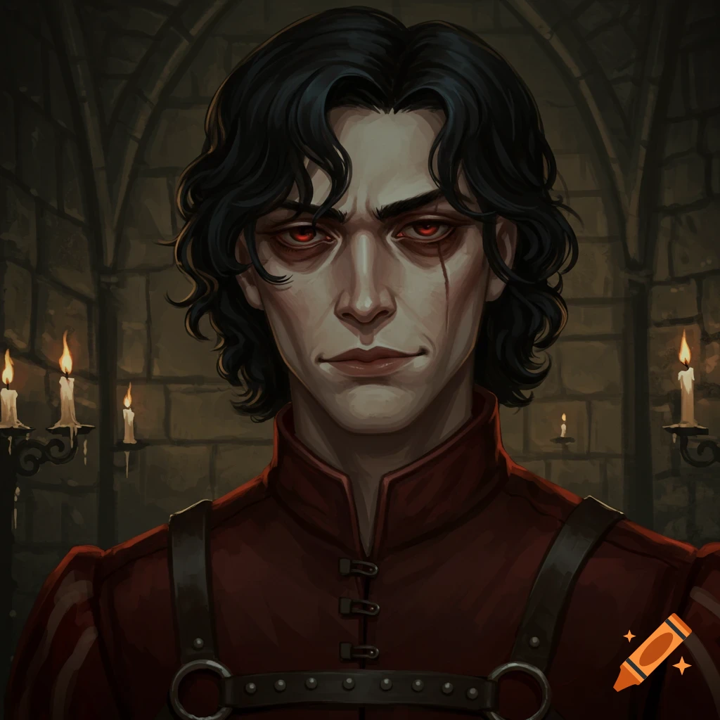 A close-up portrait of a pale young man with dark wavy hair, tired red ...