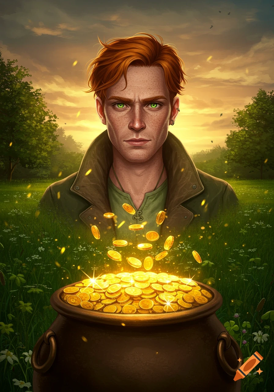 A serious freckled ginger man with bright green eyes looks forward ...