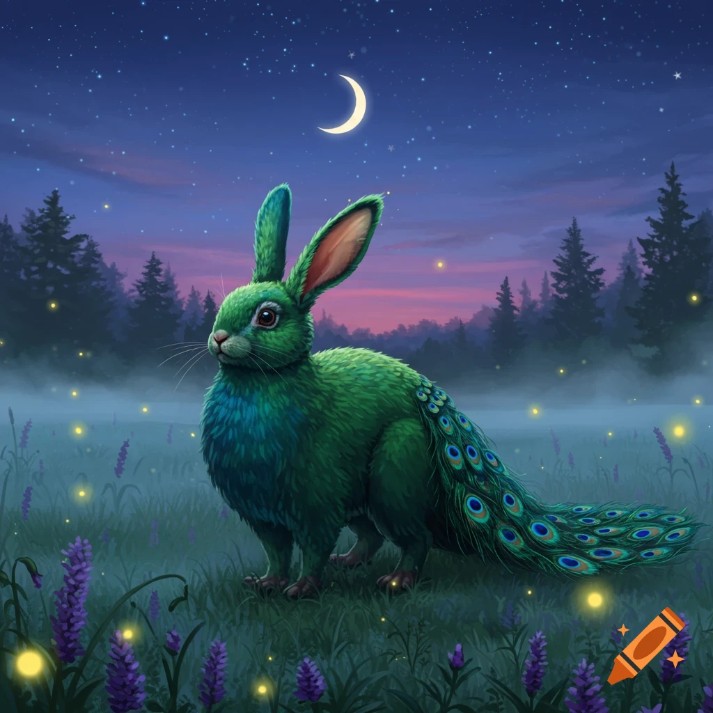 A vibrant green rabbit with a peacock tail sits in a moonlit field with ...