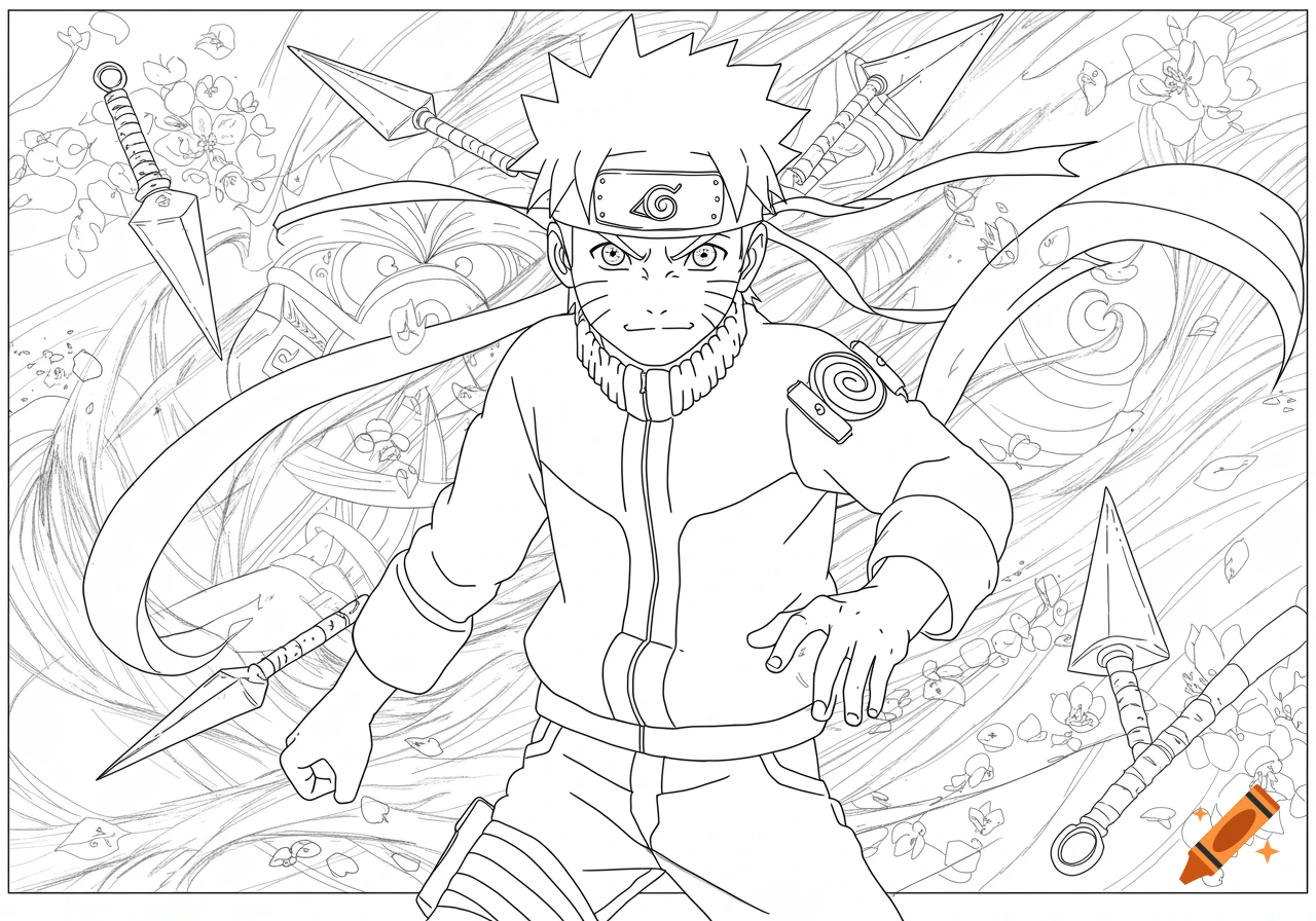 Line art coloring page of Naruto standing amidst swirling lines, cherry ...