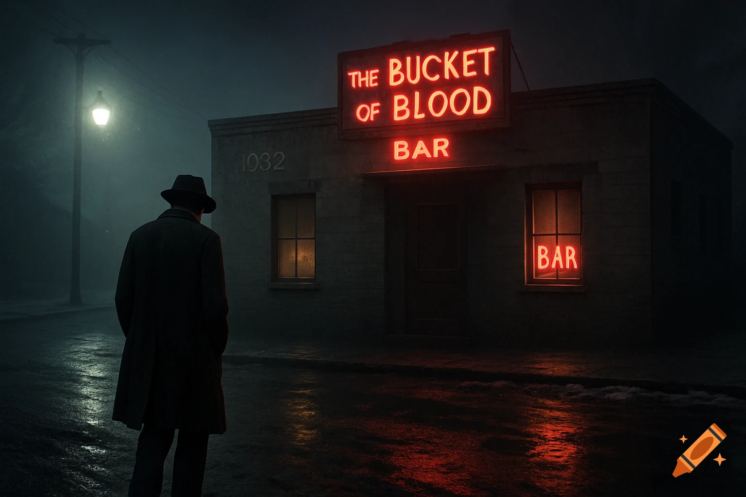 A man in a trench coat and fedora walks towards 'The Bucket of Blood ...