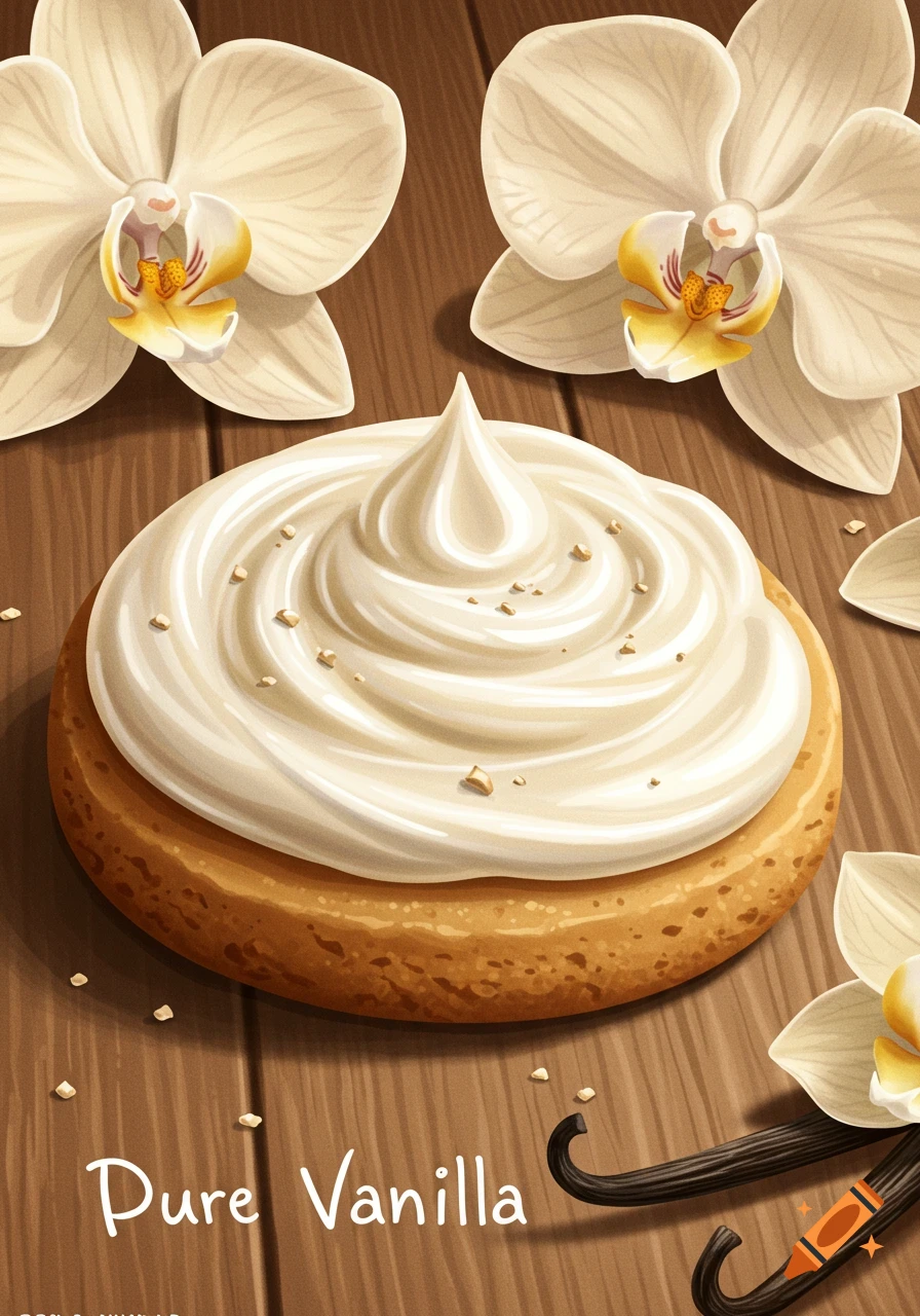 Circular cream label with an illustrated pink two-tiered cake, golden scrollwork, and ...