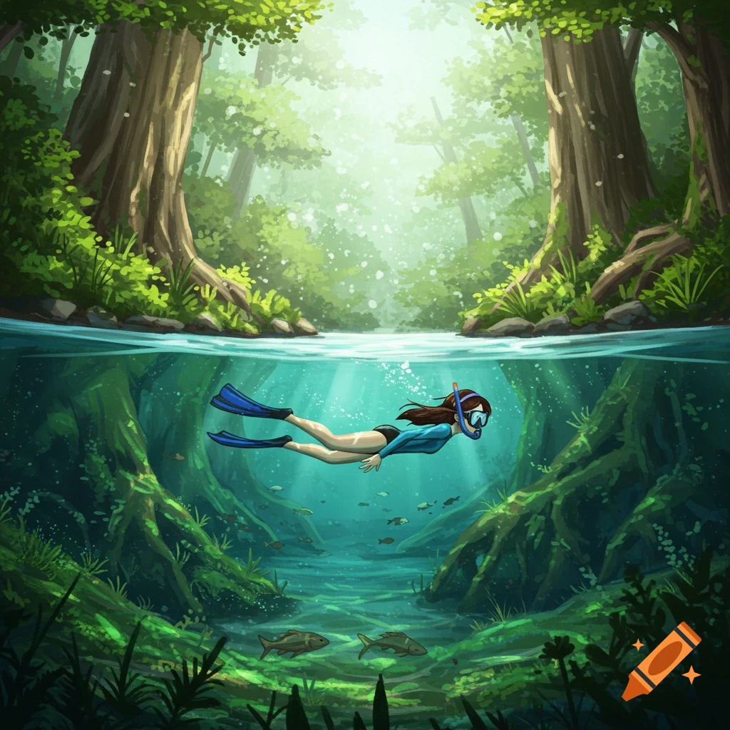 A cartoon illustration of a girl snorkeling in a clear river, seen from ...