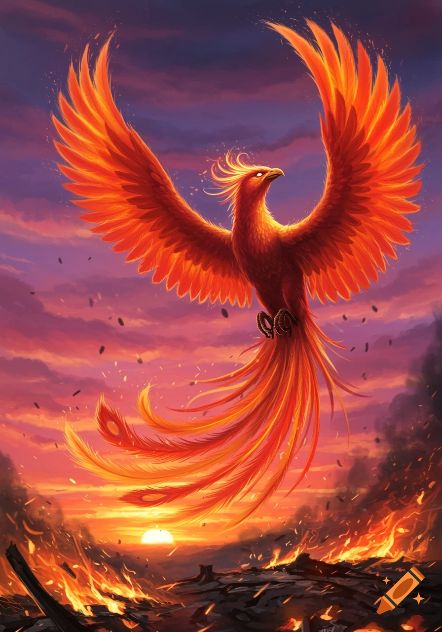 A vibrant, fiery phoenix with outstretched wings rises from a mound of ...