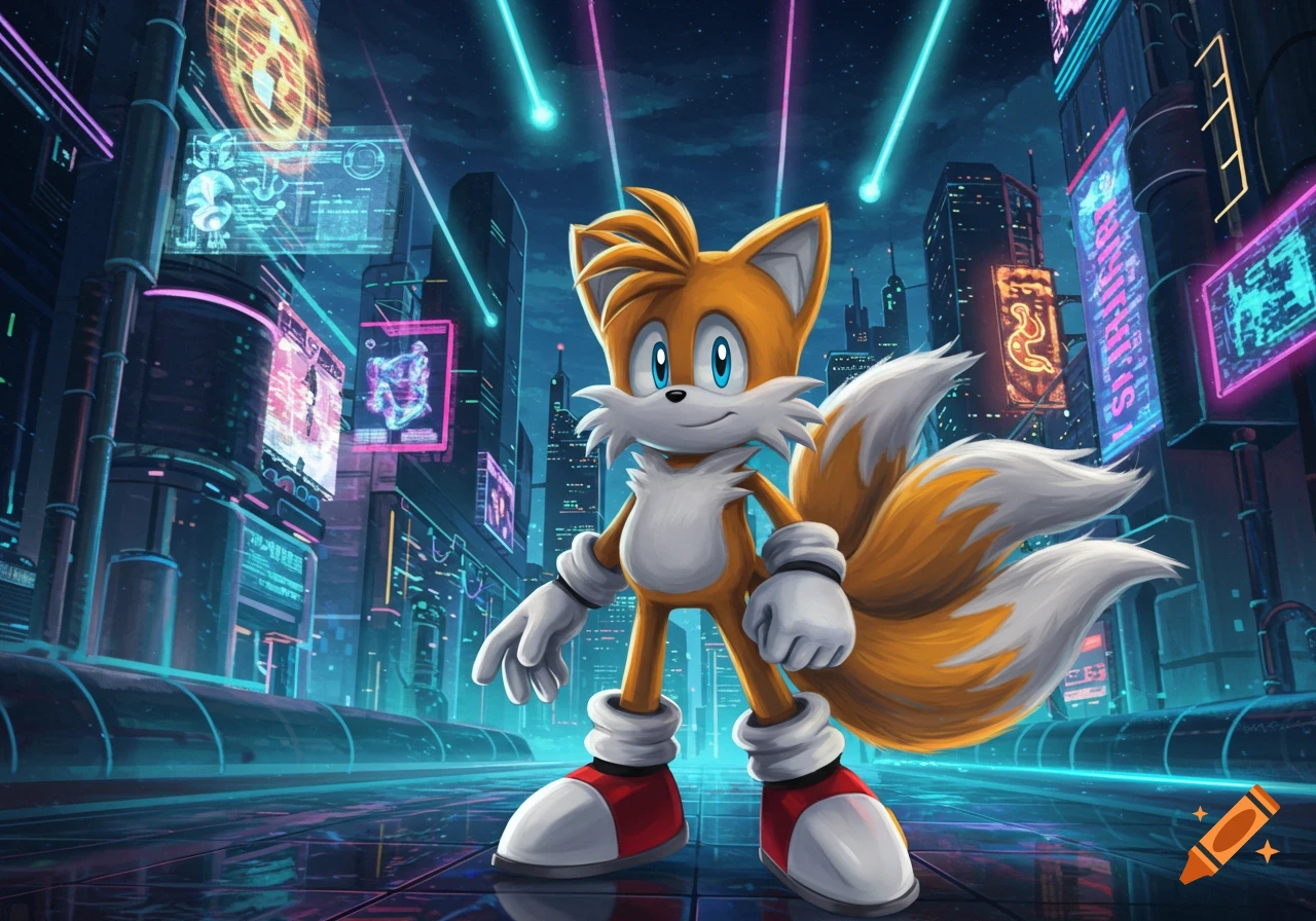 Sonic stands ready in a neon-lit Tokyo cityscape at night, while Tails ...