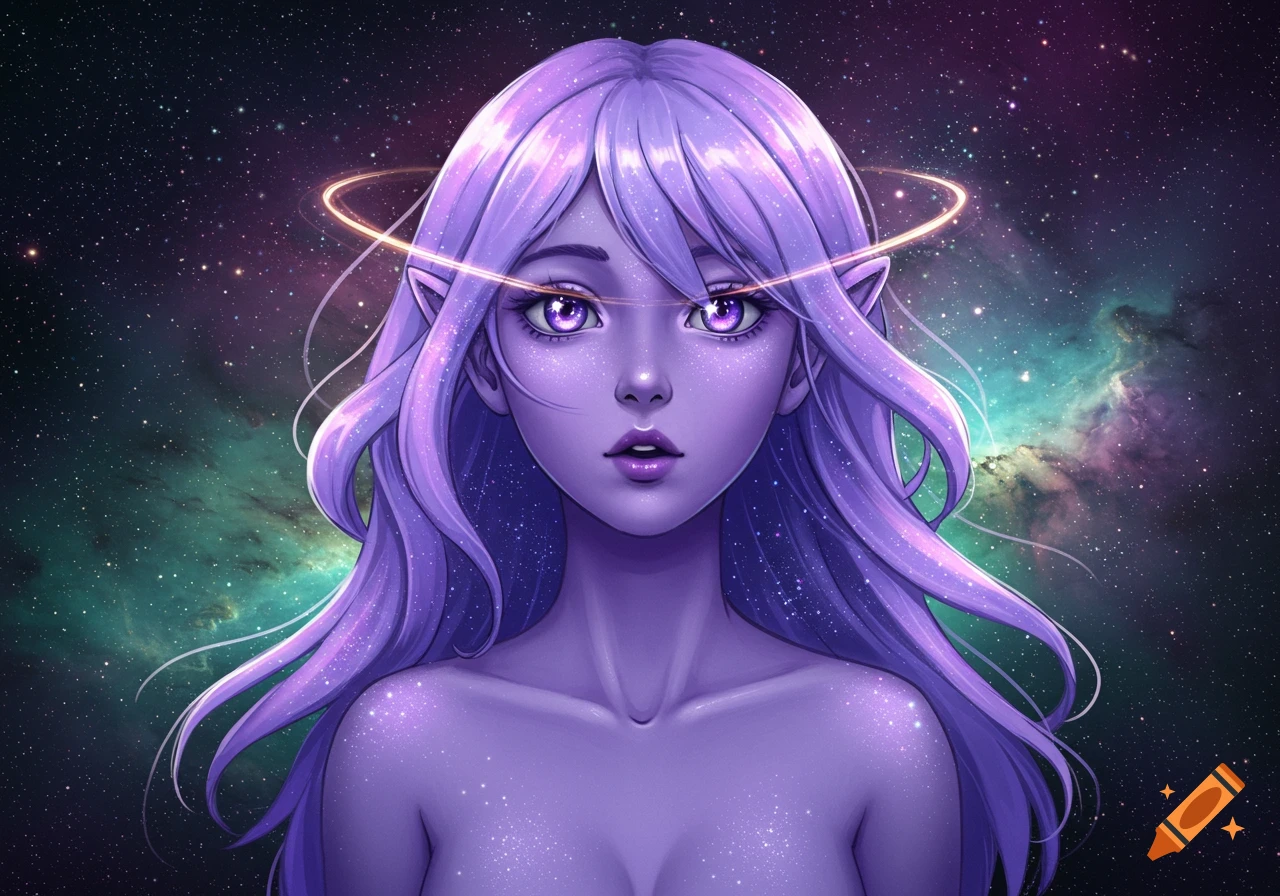 An anime-style alien girl with blue skin, four arms, and long blue hair ...