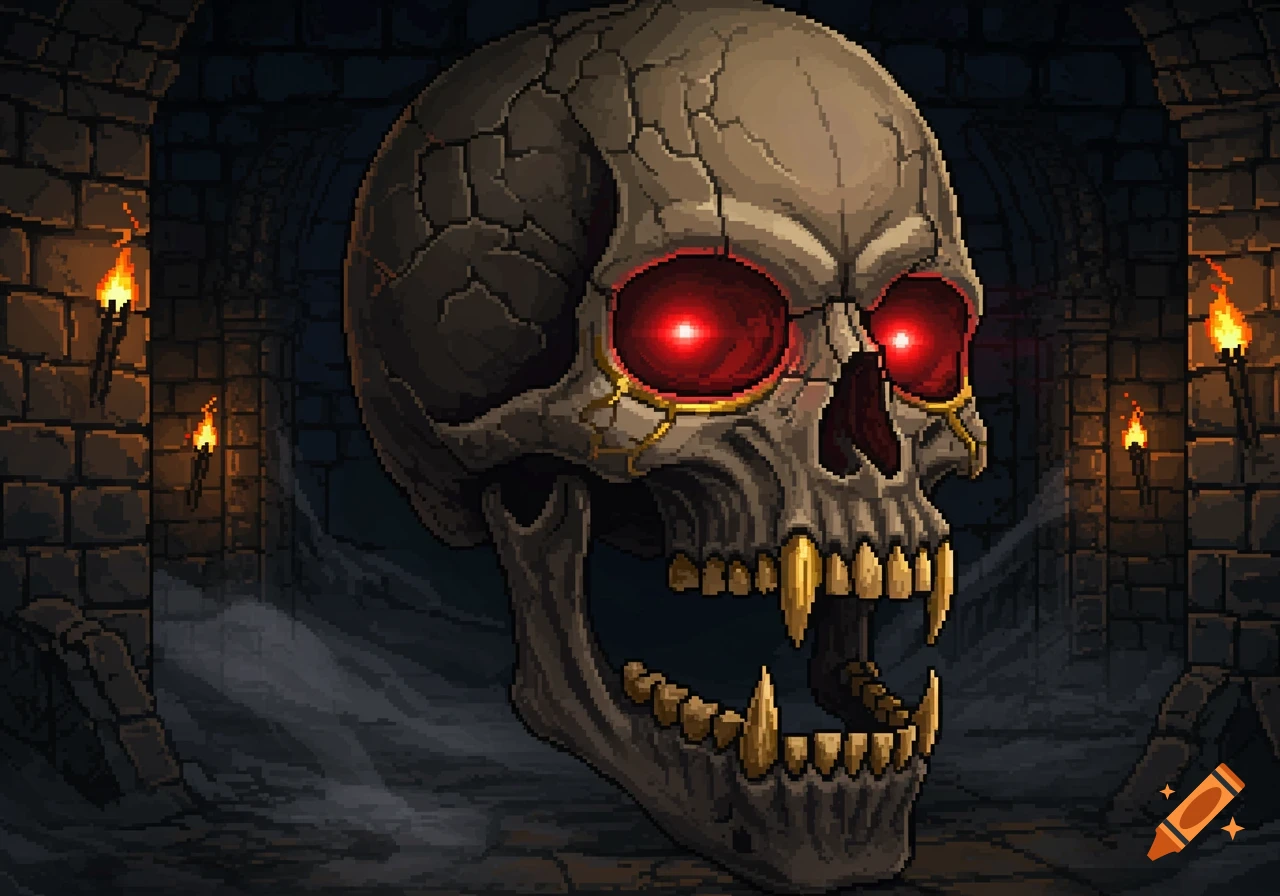 A menacing pixel art goblin with red eyes and a dagger stands in a dark ...