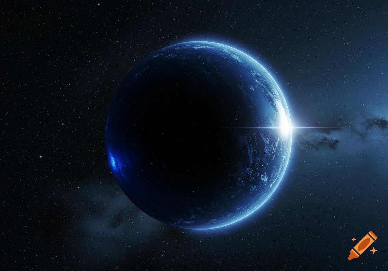 A deep blue glass sphere in outer space, half illuminated by starlight, with a lens flare effect ...