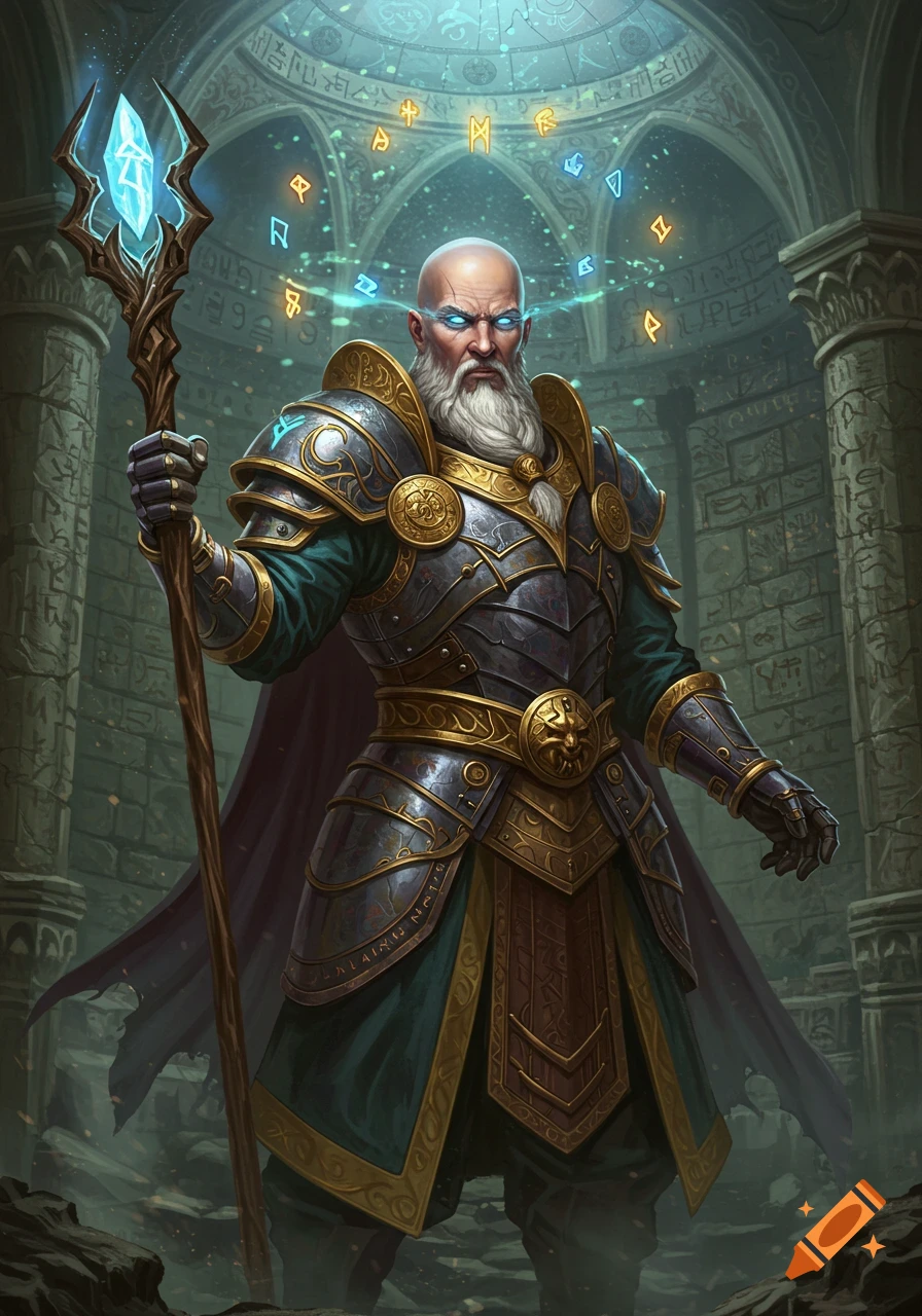 A bald, bearded male fantasy warrior in silver plate armor and a blue ...