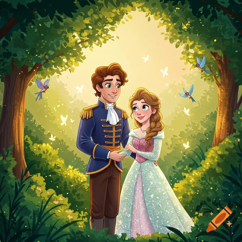 A cartoon prince and princess-like couple stand holding hands in a ...
