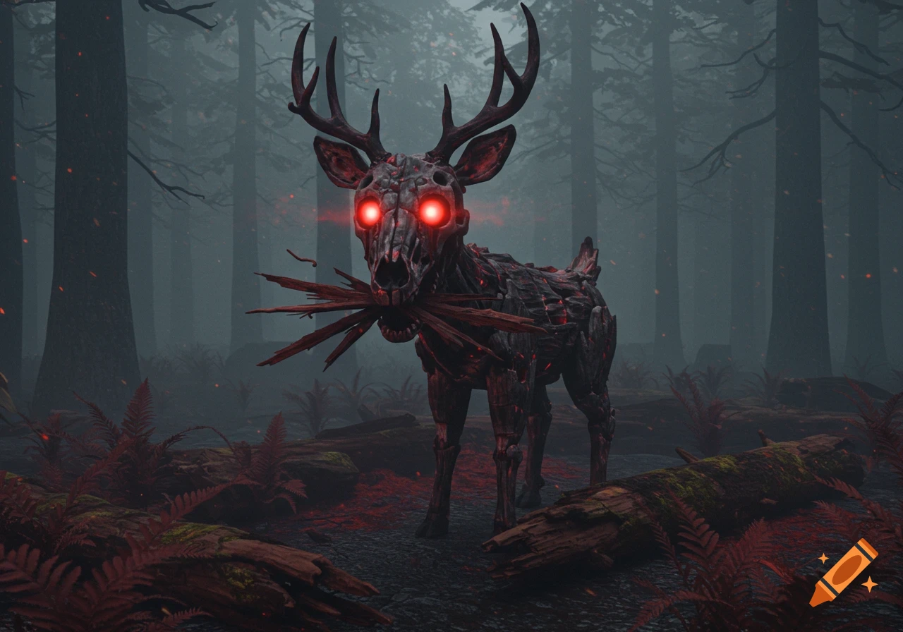 A scary, Roblox-style demonic deer with glowing red eyes and charred wood in its mouth stands in ...